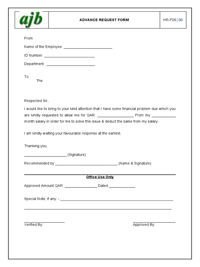 HR-F06 Advance Request Form | PDF