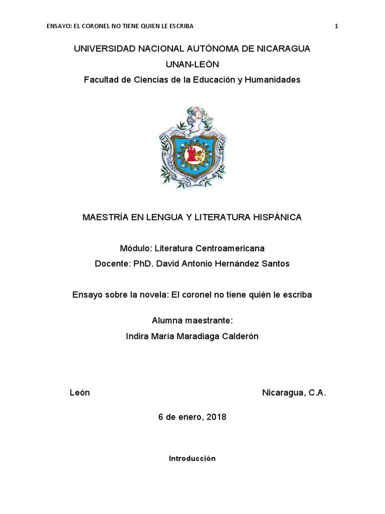 Ensayo de El Coronel No Tiene Quién Le Escriba Revisado 1 | PDF | Gabriel García Márquez | Novelas