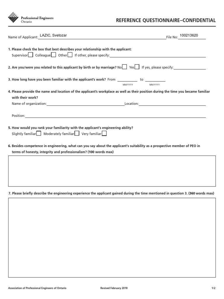 PEO Referee Questionaire Form | PDF | Engineering | Business
