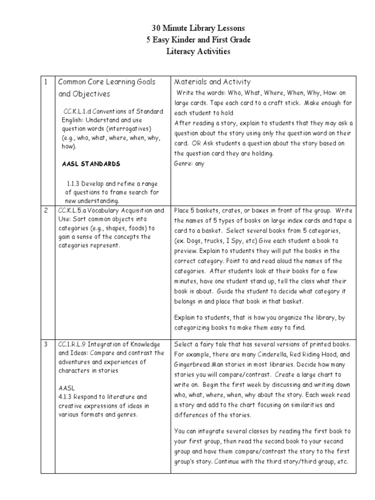 30 Minute Library Lessons 5 Easy Kinder and First Grade Literacy ...
