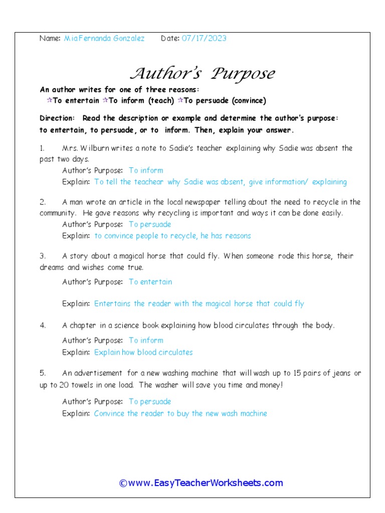Author's Purpose Worksheet for Grades | PDF