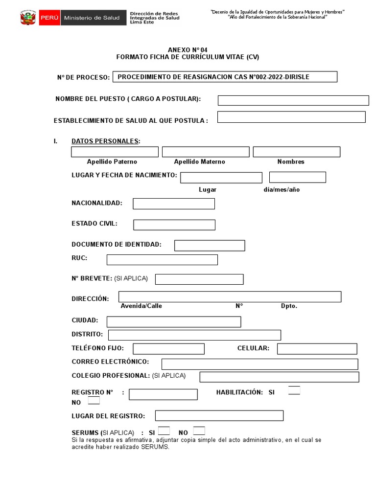 Anexo 4 Formulario de Curriculum Vitae | PDF