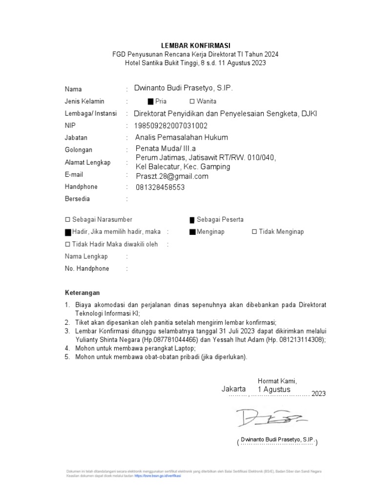 Lembar Konfirmasi Pak Pras Giat FGD TI Padang TGL 8-11 Agustus 2023 | PDF