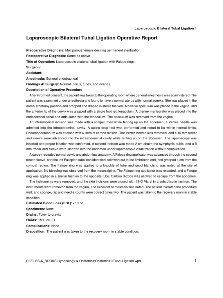 Laparoscopic Bilateral Tubal Ligation Report | PDF | Neutering | Surgery
