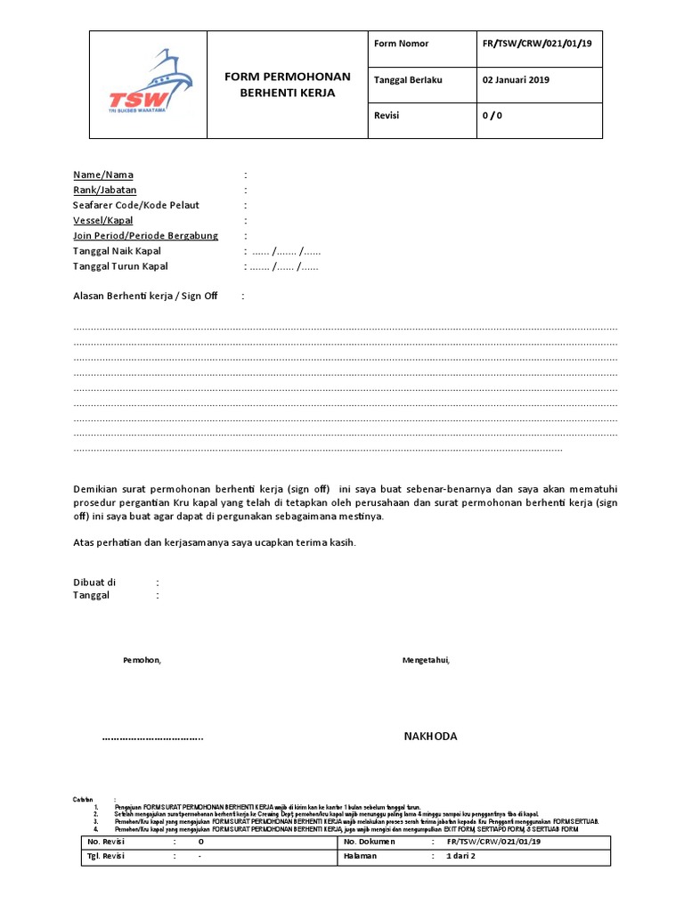 Formulir Permohonan Berhenti Kerja Pelaut | PDF