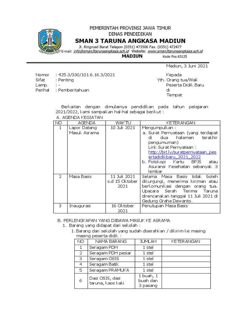 Surat Edaran Perlengkapan Masuk Asrama Tahun Pelajaran 2021-2022 | PDF