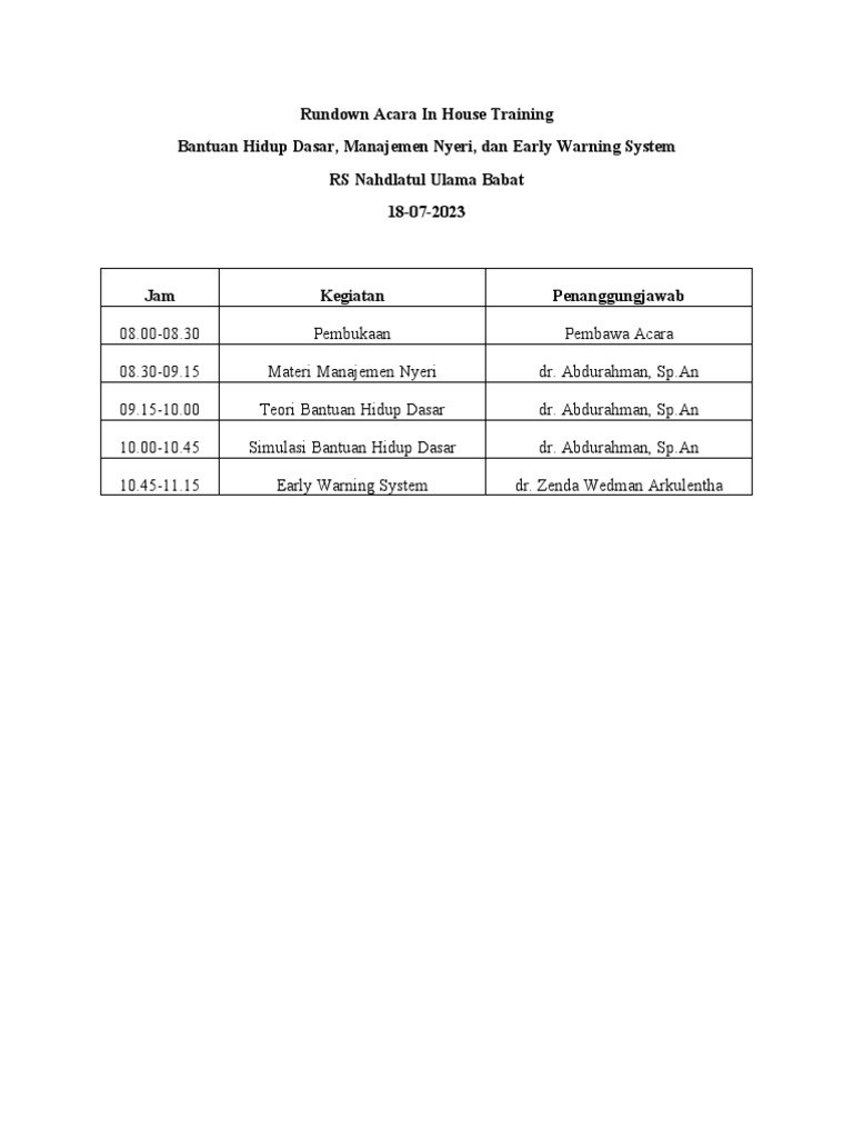 Rundown Acara in House Training | PDF