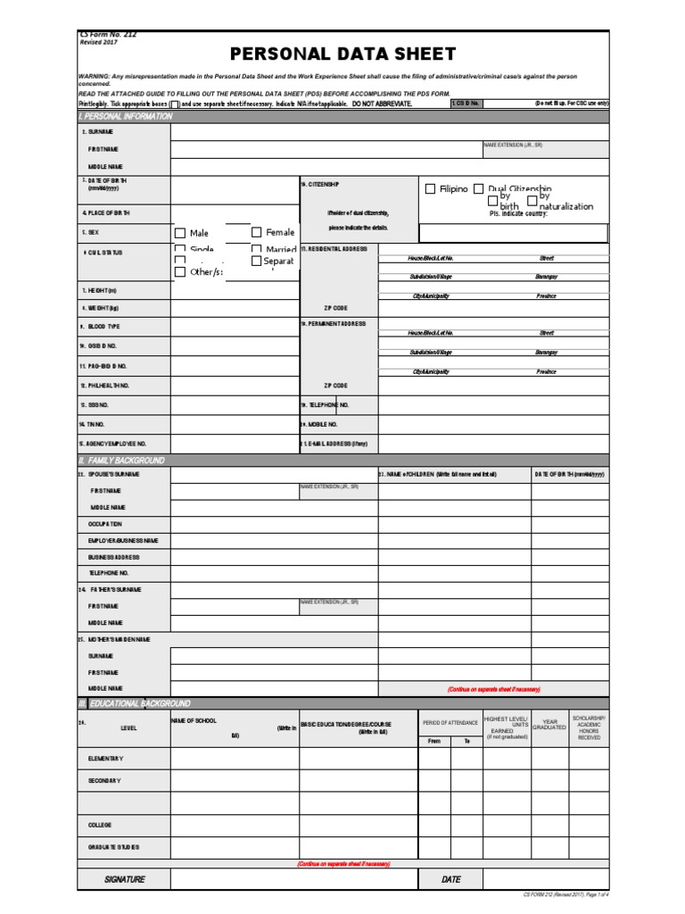 Personal Data Sheet (PDS) Template | PDF | Passport | Crime & Violence