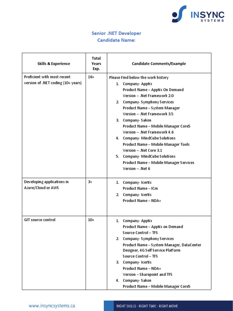 CBE - Senior .NET Developer - Skills Matrix - Jan 2023 | PDF
