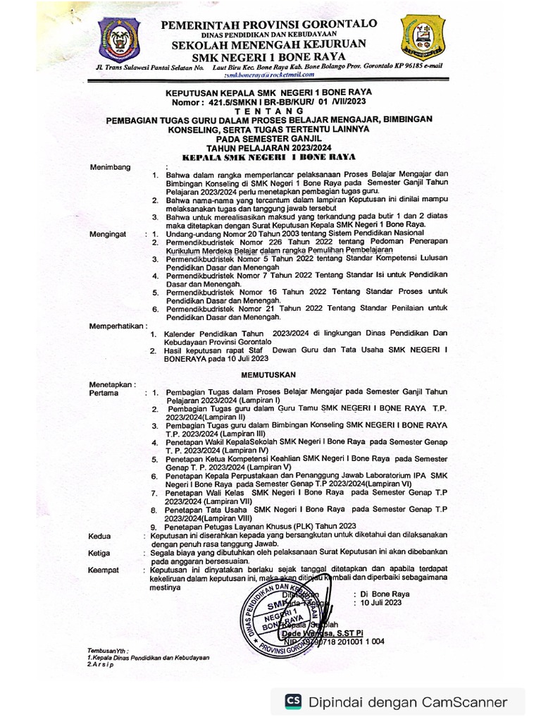 SK Pembagian Tugas Guru TP 2023-2024 | PDF