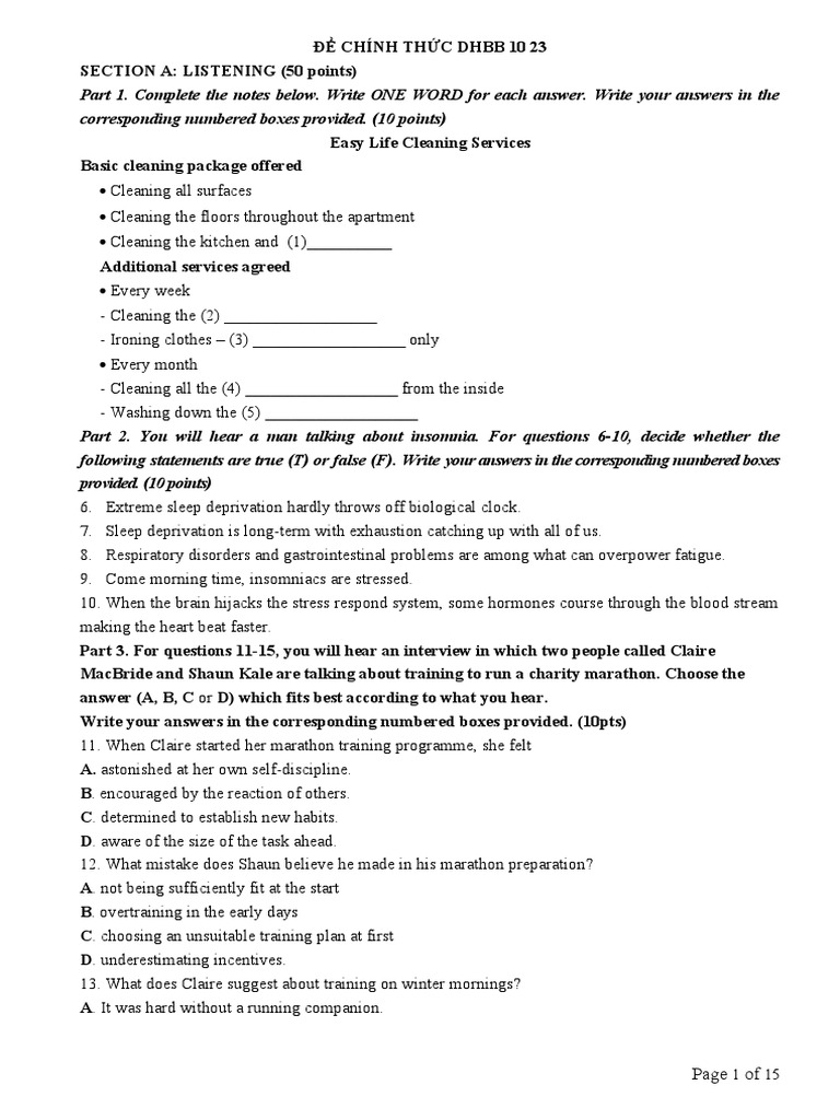 Chinh Thuc de Tieng Anh DHBB 10 2023 | PDF