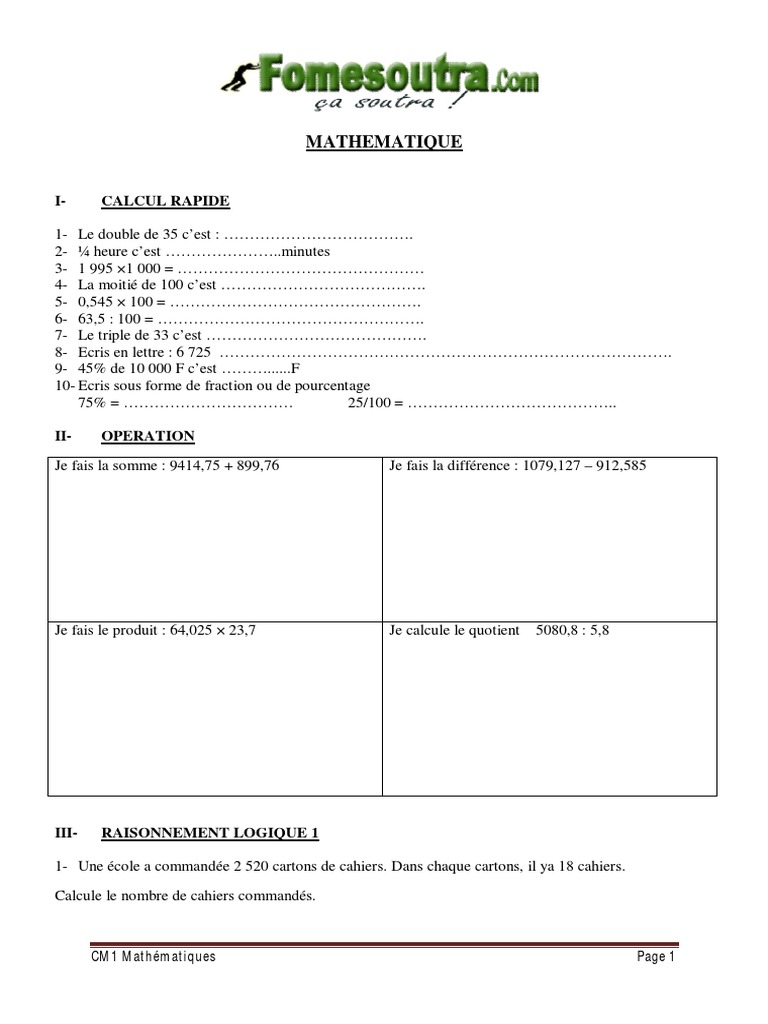 6126bdc65d1bemathematique 1 Niveau Cm1 | PDF