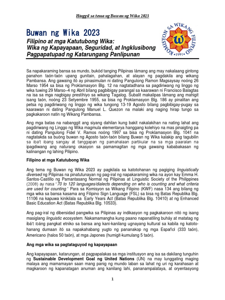 Paliwanag Sa Tema Buwan NG Wika 2023 | PDF Paliwanag Sa Tema Buwan NG Wika 2023 | PDF