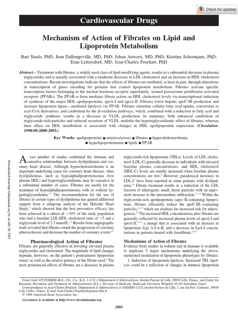 Mechanism of Action of Fibrates On Lipid and Lipoprotein Metabolism | PDF