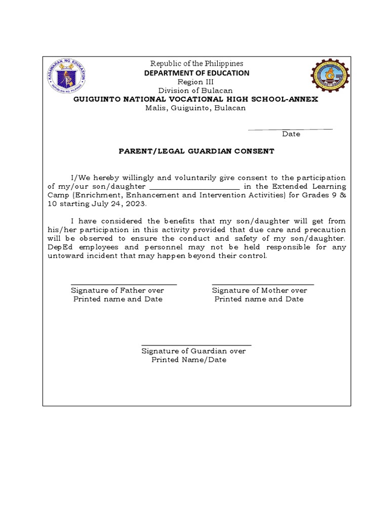 Annex 2 Parent Legal Consent Template Edited | PDF