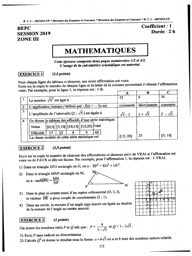Bepc Z3 Math 2019 | PDF
