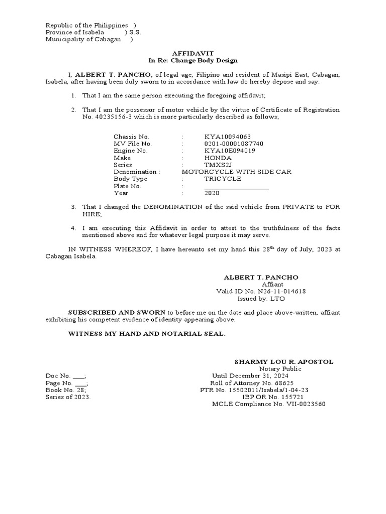 Affidavit of Change Body Design | PDF | Affidavit | Notary Public