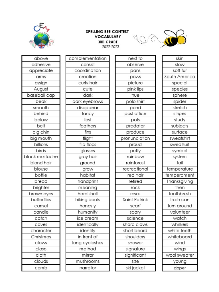 3rd Grade Spelling Bee Vocabulary 2022 | PDF | Hair