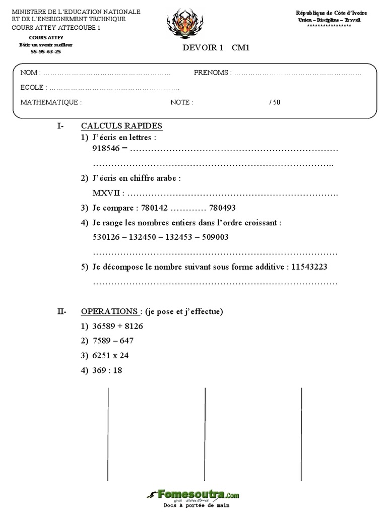 Devoir de Mathematiques Niveau Cm1 Cours | PDF