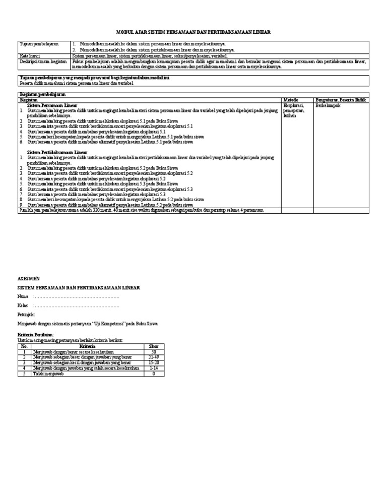 Modul Ajar Sistem Persamaan Dan Pertidaksamaan Linear | PDF Modul Ajar Sistem Persamaan Dan Pertidaksamaan Linear | PDF