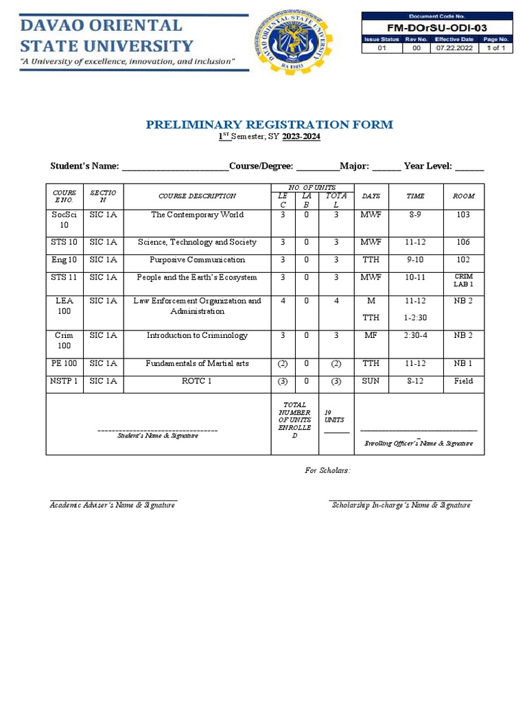 DORSU Preliminary Registration Form | PDF