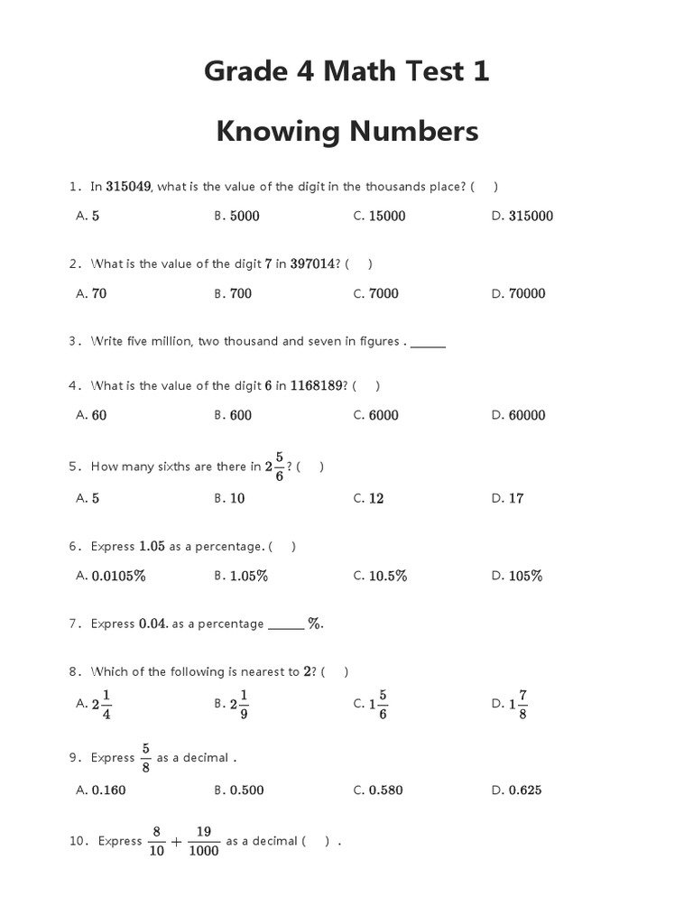 Grade 4 Math Test 1 | PDF