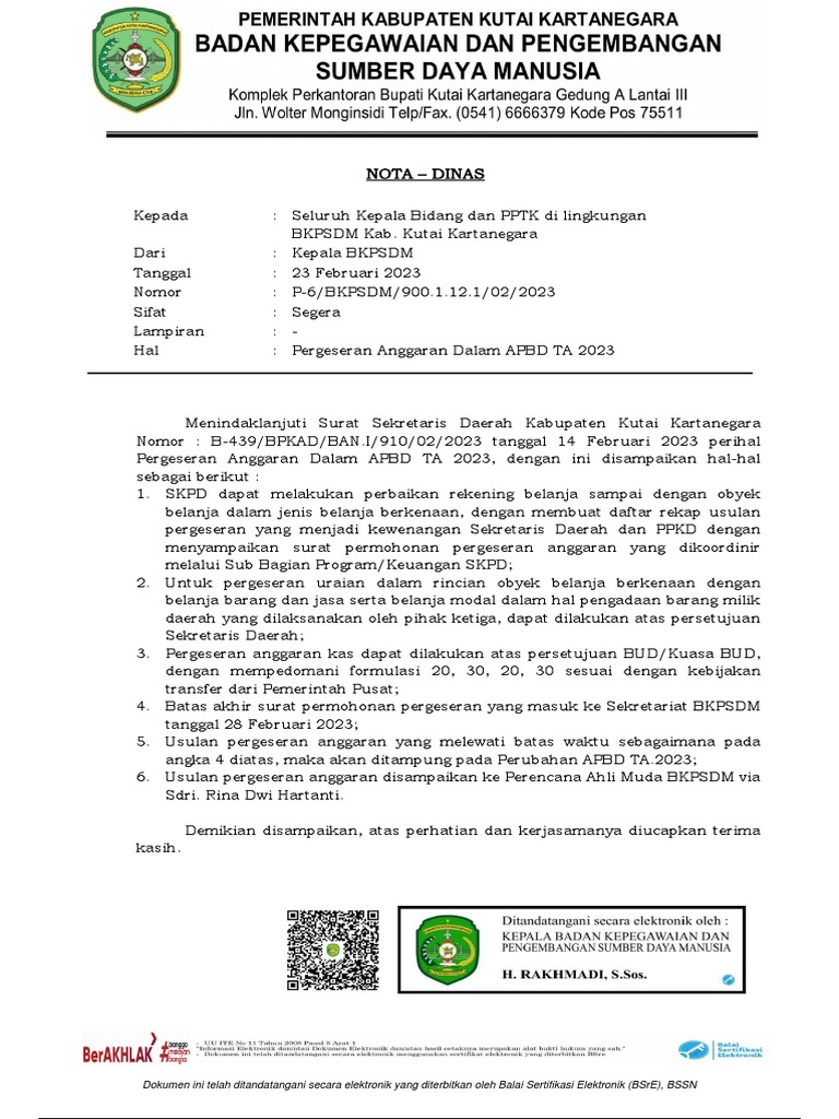 Nota Dinas - Pergeseran Anggaran | PDF