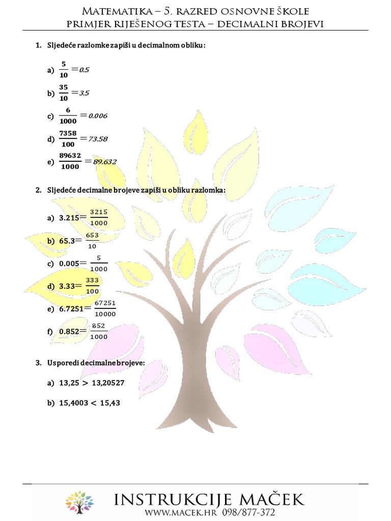 5 Razred Matematika Rijeseni Testovi Decimalnibrojevi Instrukcije Macek ...