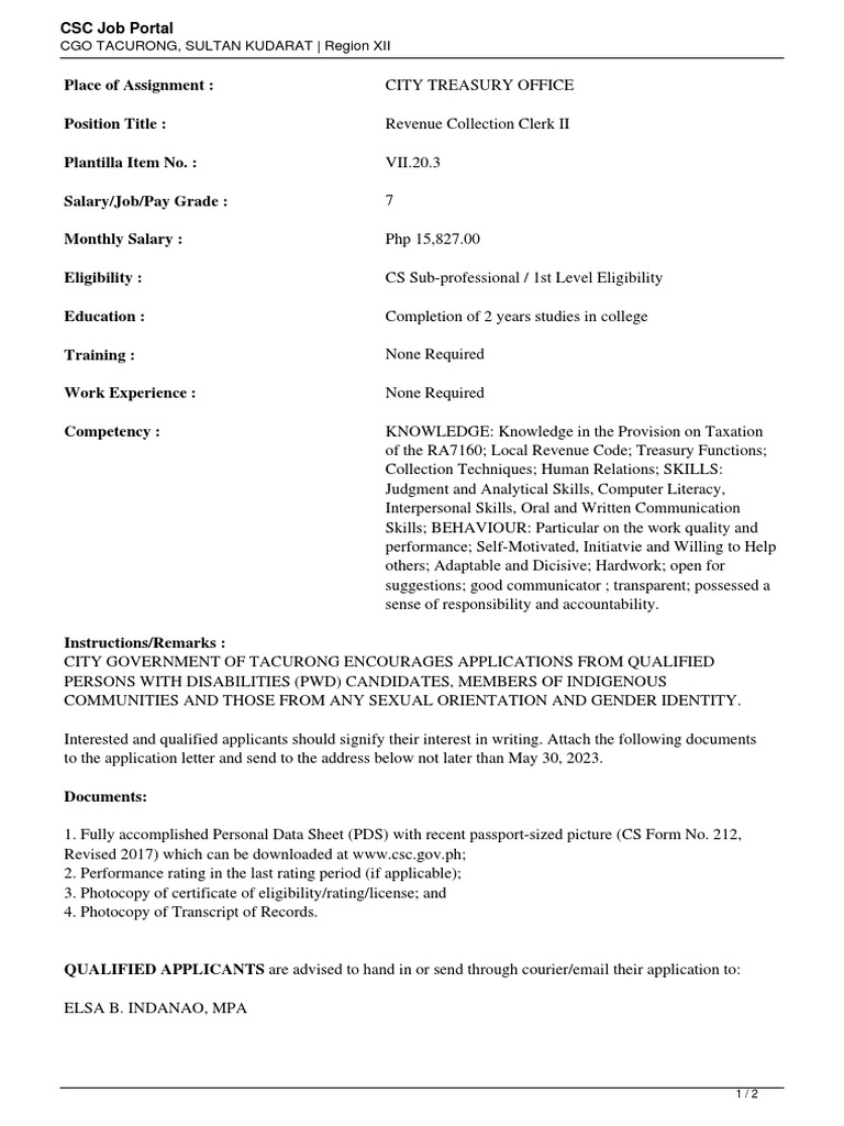 Revenue Collection Clerk II Position | PDF | Career & Growth | Business
