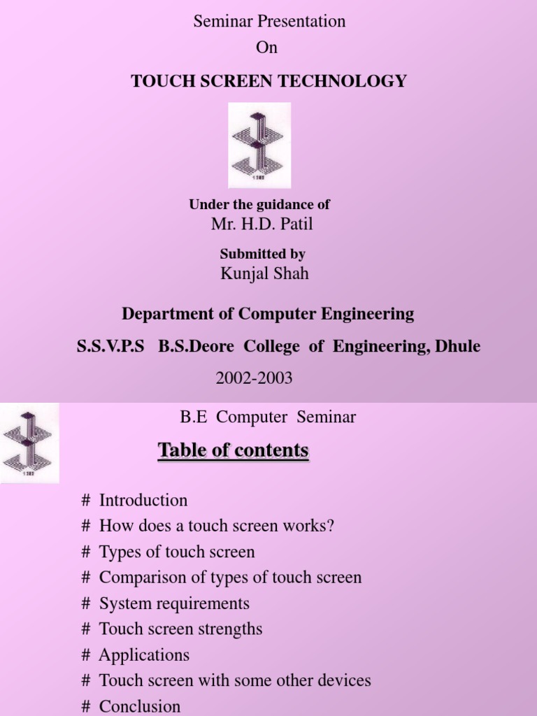 Touch Screen Technology: Seminar Presentation On | PDF | Touchscreen | Personal Computers