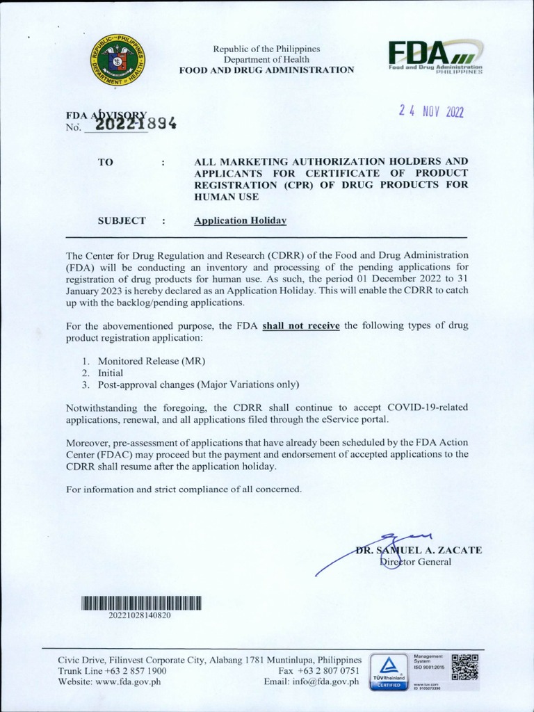 FDA-Advisory-No.2022-1894 Application Holiday | PDF