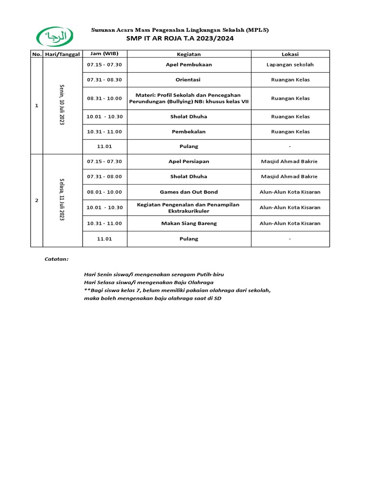 Rundown Acara MPLS SMP It Ar Roja 23-23 | PDF