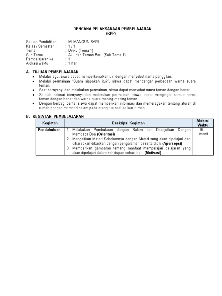 Contoh RPP 1 Lembar Kelas 1 Tema 1 Sub Tema 1 | PDF