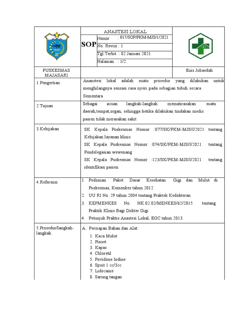 Sop Anastesi Lokal | PDF