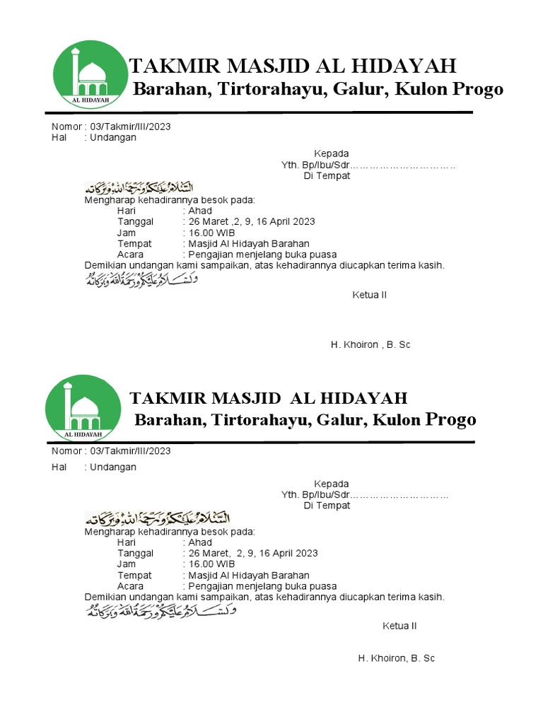 Undangan Alhidayah Permohonan Bantuan | PDF