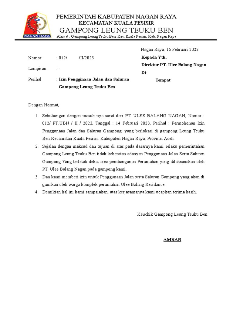 9.a. Surat Izin Penggunaan Jalan Dan Saluran Gampong | PDF