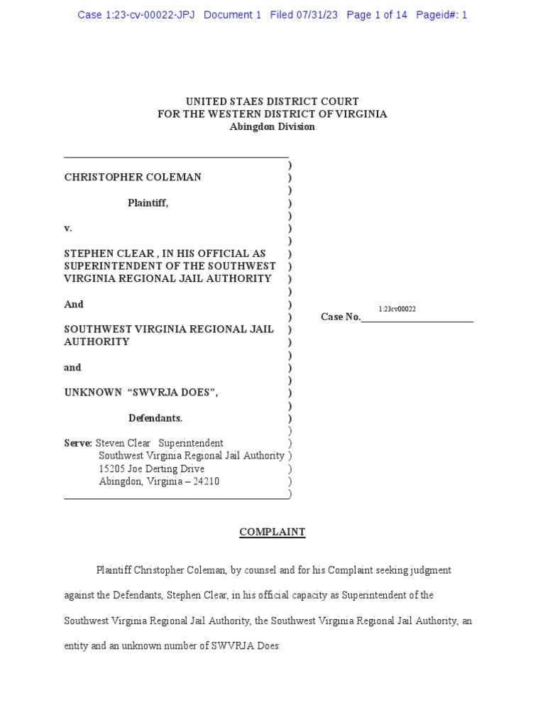 Coleman V Clear Et Al Vawdce-23-00022 0001.0 | PDF