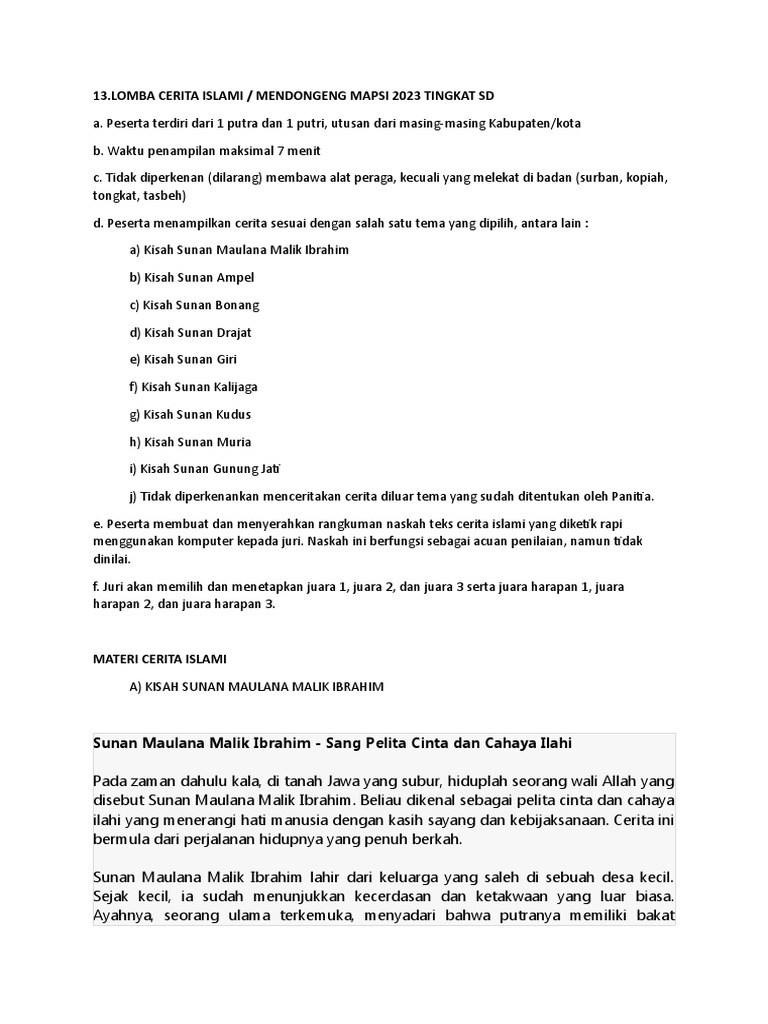 Contoh Materi Cerita Islami - Mendongeng Mapsi SD | PDF