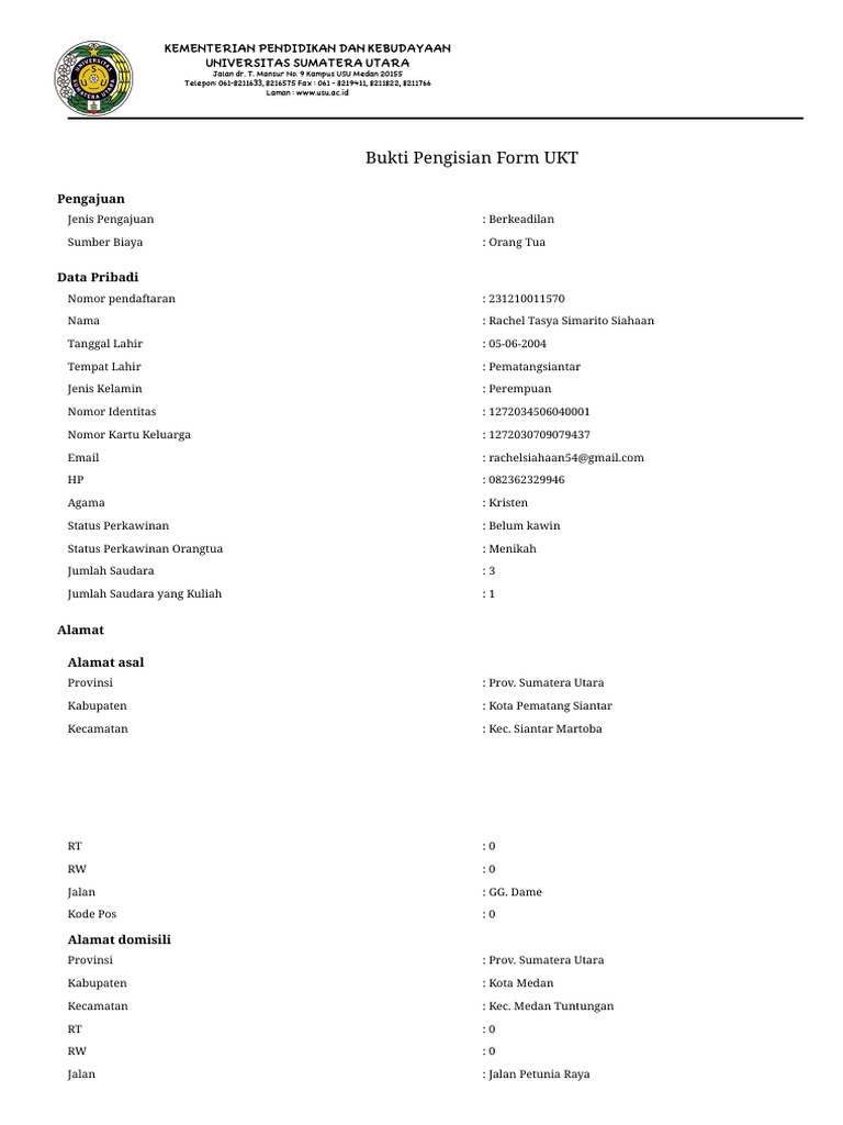 Print Bukti Pengisian Form UKT 231210011570 | PDF