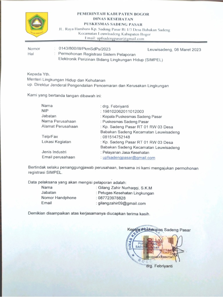 Surat Permohonan Registrasi Akun SIMPEL | PDF