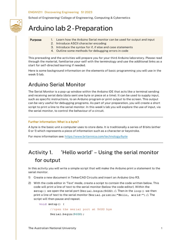 Arduino Lab 2 - Preparation ENGN1211 2023 | PDF