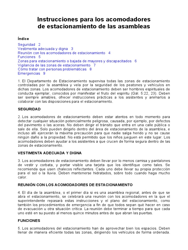 Instrucciones para Los Acomodadores de Estacionamiento de Las Asambleas ...