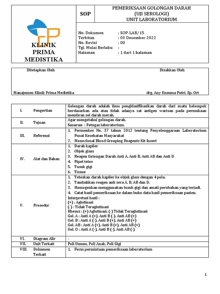 Sop Pemeriksaan Golongan Darah (Uji Serologi) | PDF