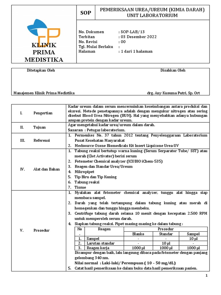 Sop Pemeriksaan Urea or Ureum (Kimia Darah) | PDF