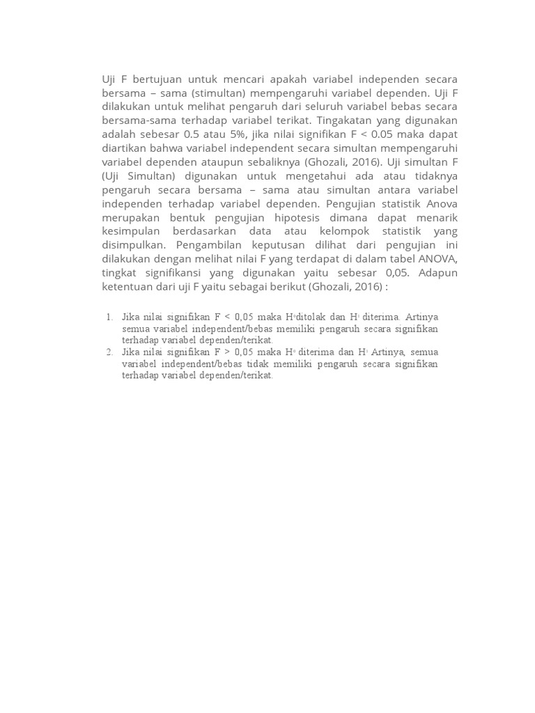 Uji F: Pengaruh Simultan Variabel Independen | PDF