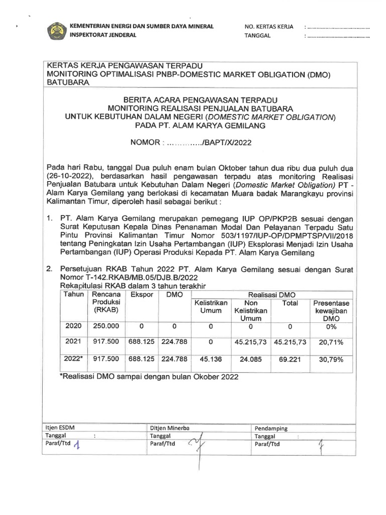 KKR Wasdu DMO Dan SCA 2022 - PT Alam Karya Gemilang | PDF