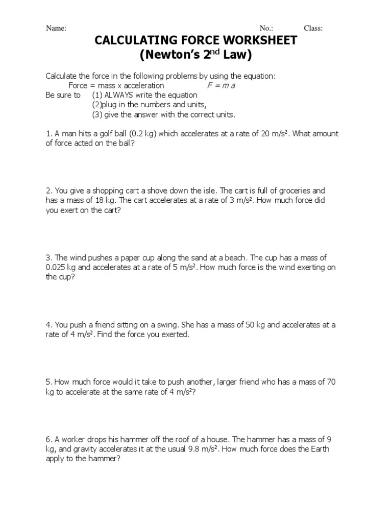 Calculating Force Worksheet | PDF