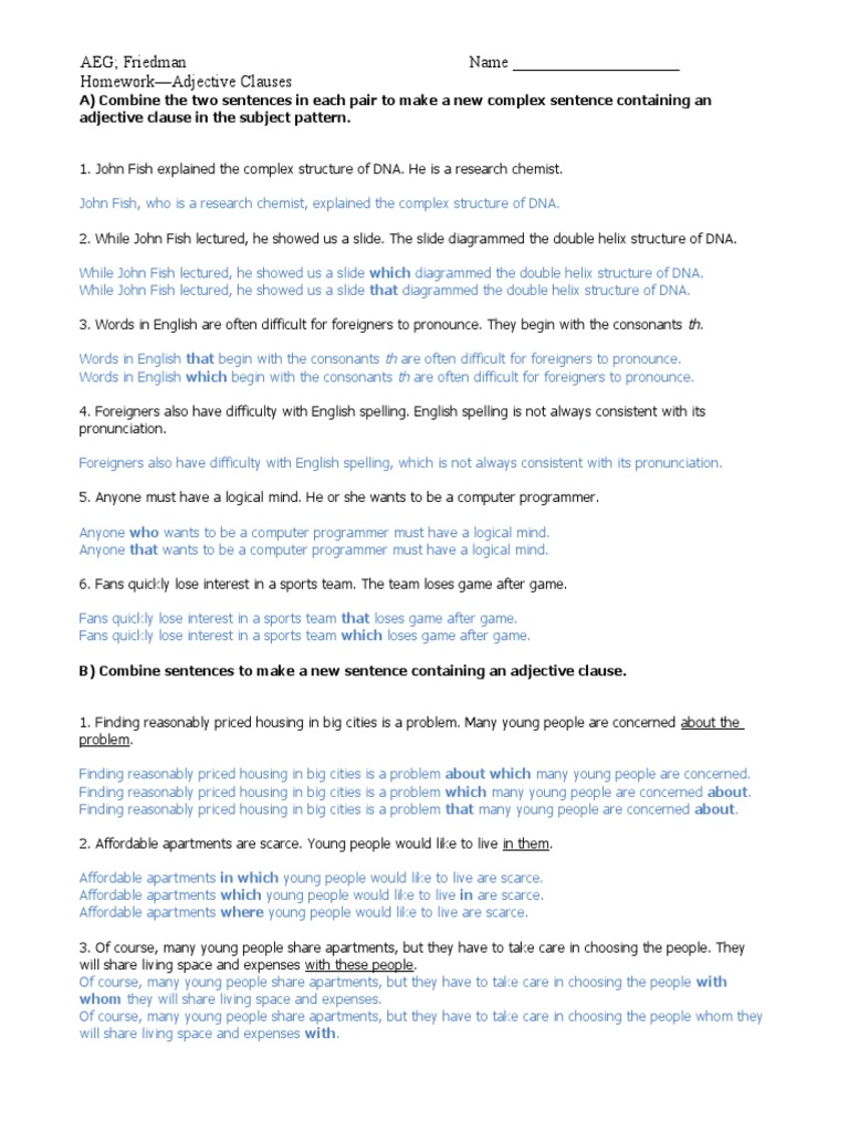 Adjective Clauses Homework Exercises | PDF | English Language ...