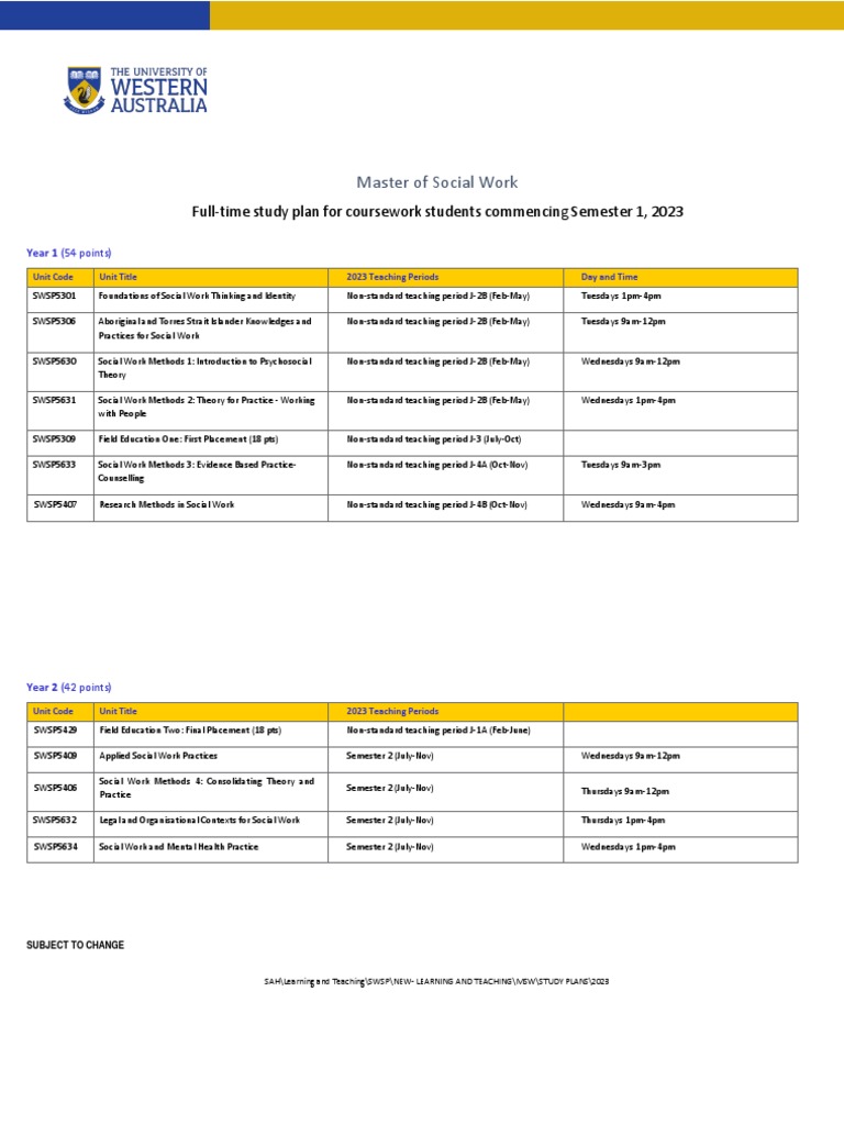 2023 Master of Social Work Study Plan Full-Time | PDF