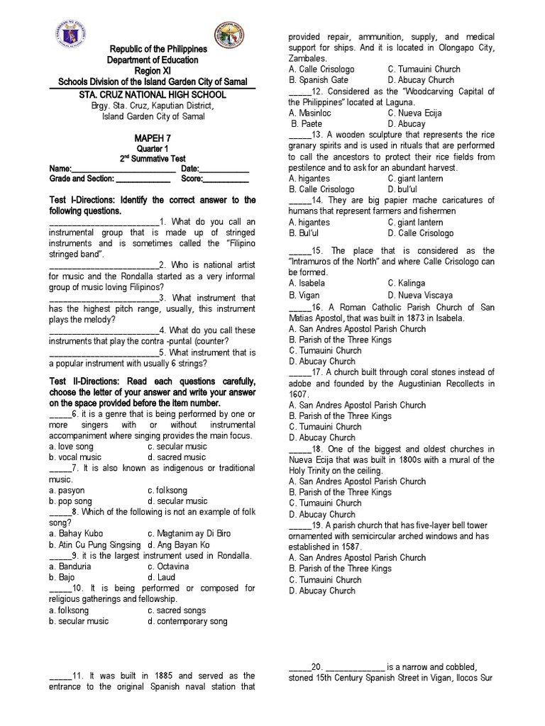 MAPEH 7-Summative Test No. 2 | PDF MAPEH 7-Summative Test No. 2 | PDF